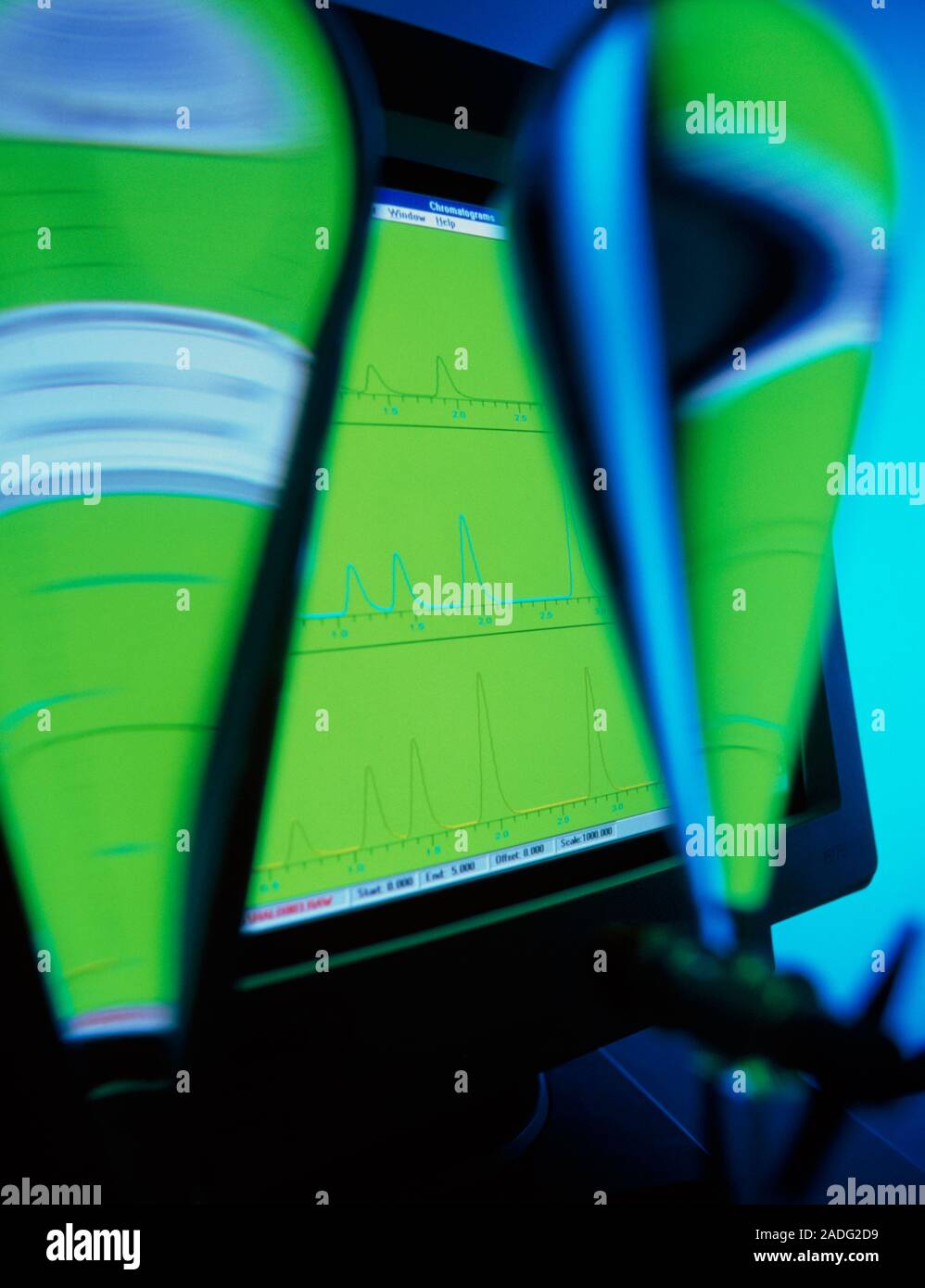 Pollution testing. Computer screen display of a chromatograph of a ...