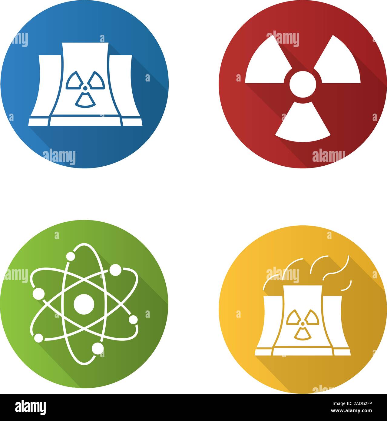 Atomic energy flat design long shadow icons set. Nuclear power plant ...