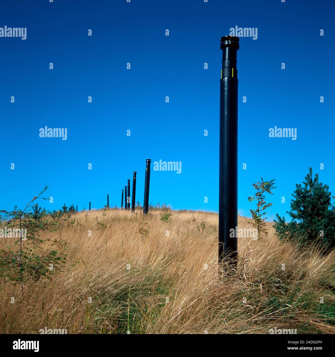 Landfill site reclamation. Landfill gas vents at a former landfill site ...
