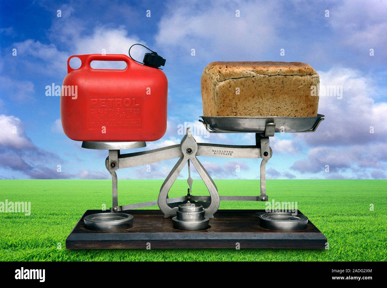 Food miles. Conceptual image showing a loaf of bread balanced on a set ...