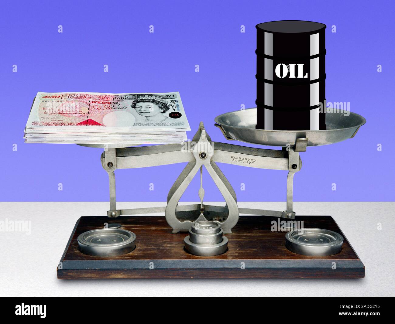 Cost of oil. Conceptual image showing an oil barrel balanced on a set ...