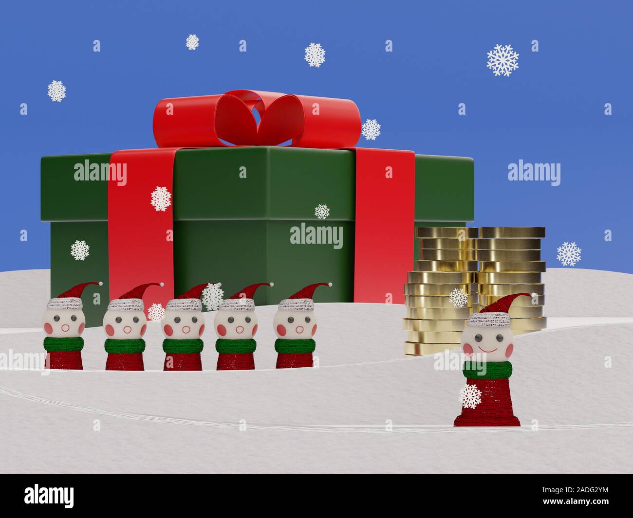 Christmas elves with a gift and golden coins stacked on snow with ...