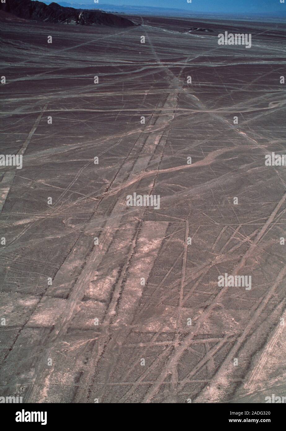 Nazca lines. Aerial photograph of geoglyphs, or landscape drawings, in ...