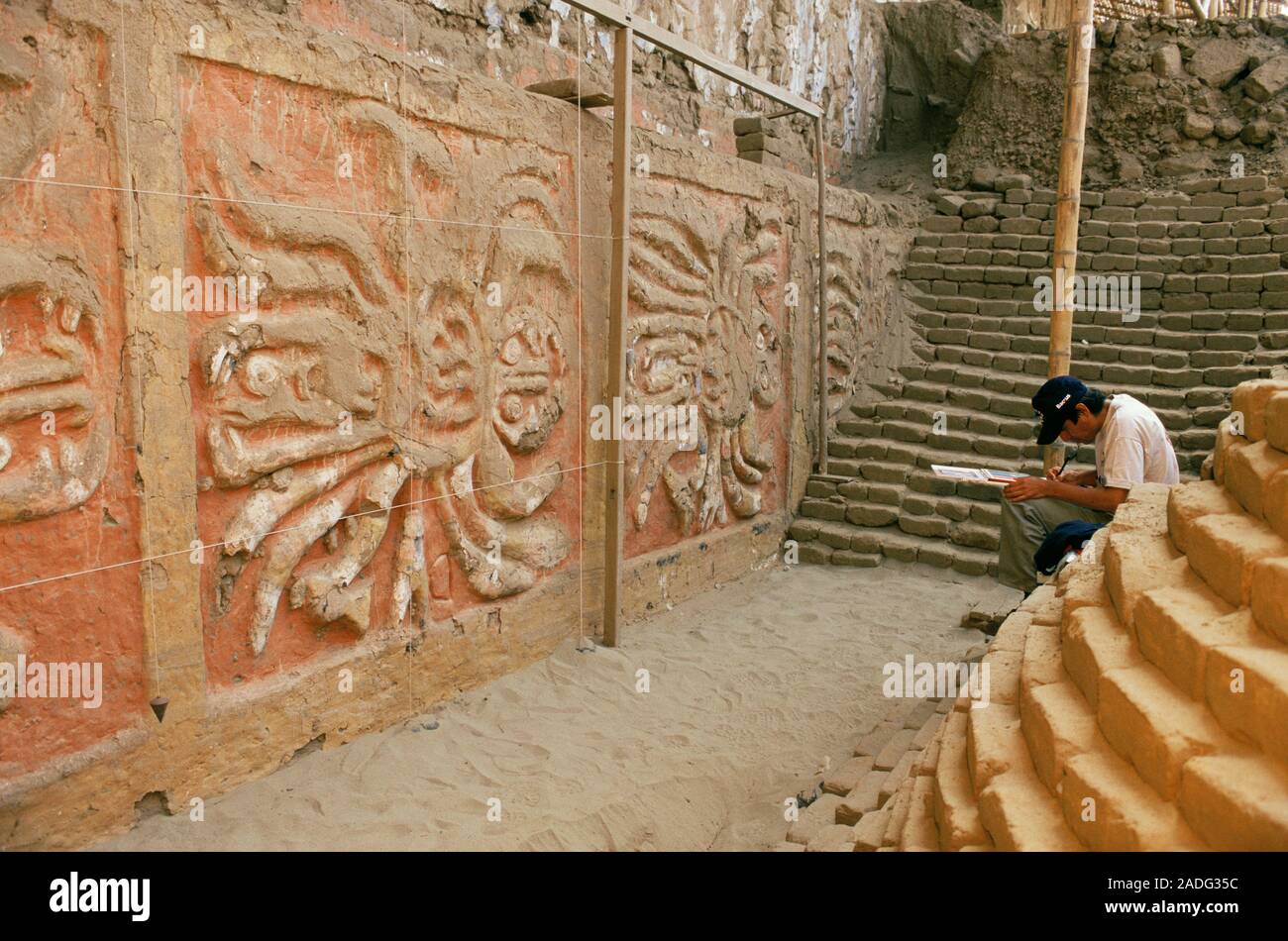 Moche archaeological site. Archaeologist making a drawing to record the ...