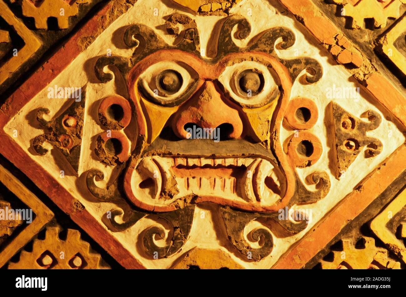 Moche wall sculpture, at the Huaca de la Luna site in Peru. This ...