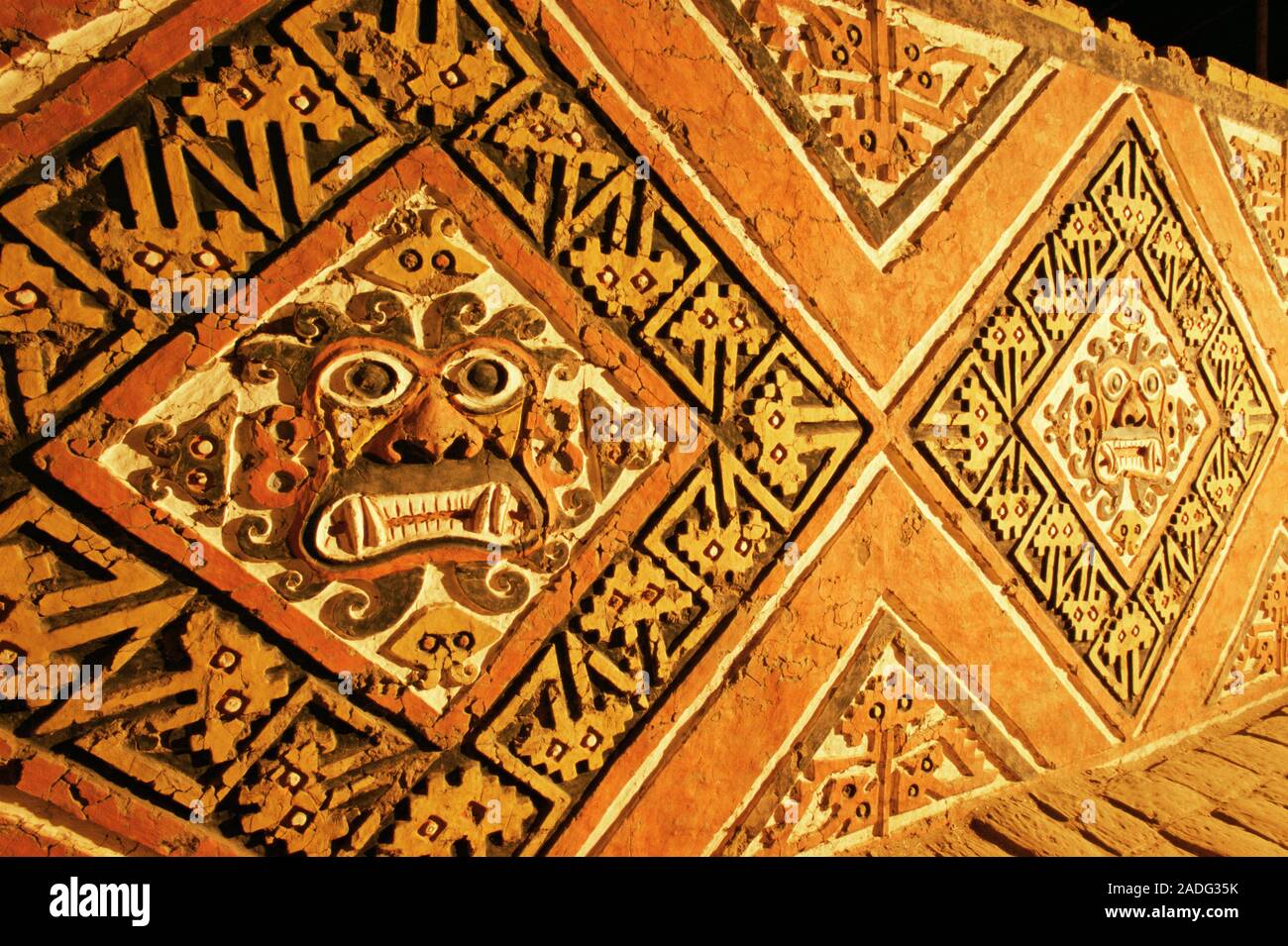 Moche wall sculptures, at the Huaca de la Luna site in Peru. These ...