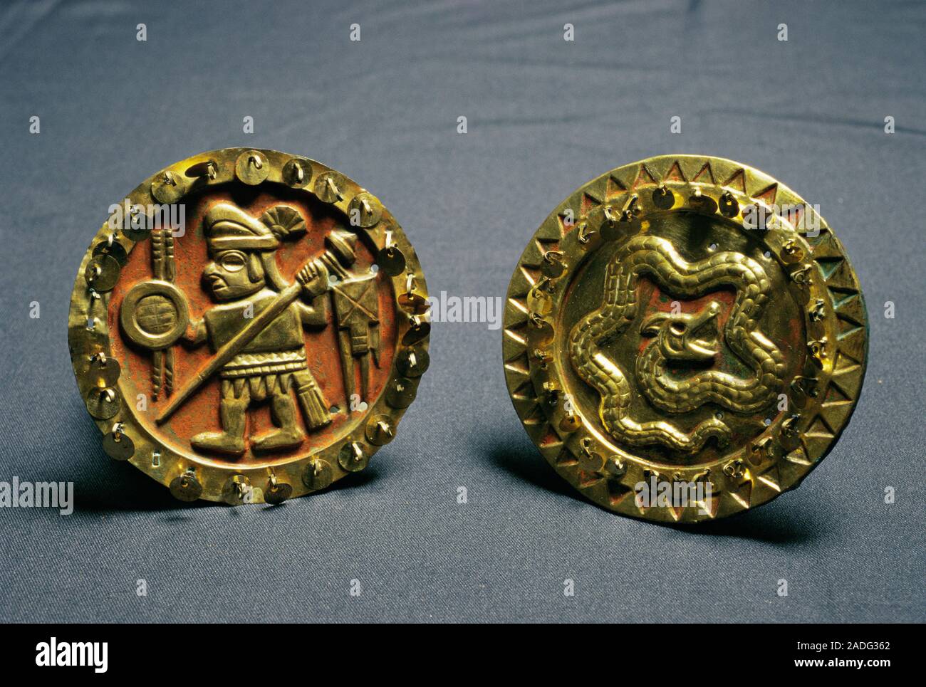 Moche ear shields. Golden ear shields made by the Moche people and worn ...