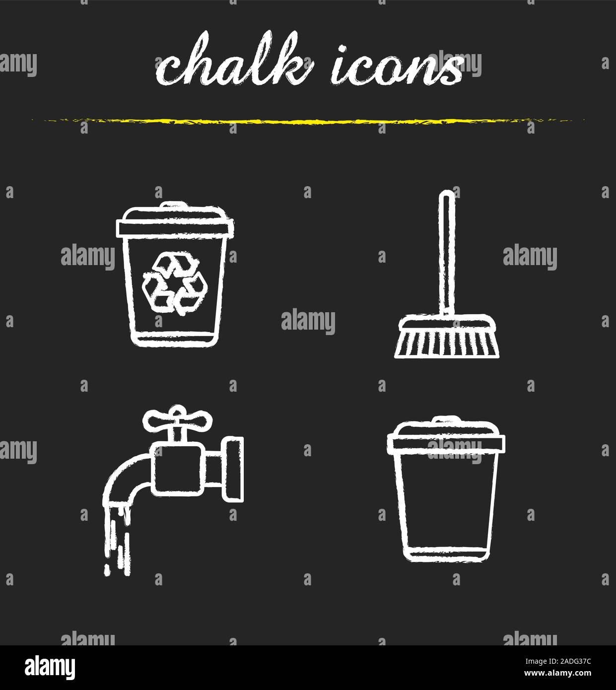Cleaning service chalk icons set. Environment protection. Running tap ...