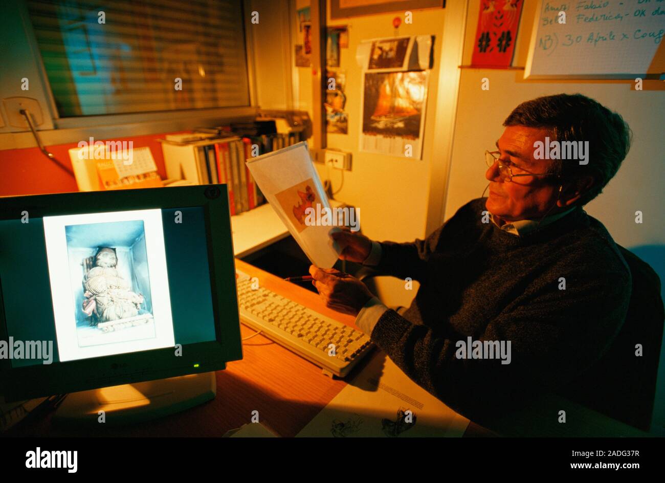 DNA analysis of Peruvian mummy. Researcher examining the results of DNA ...