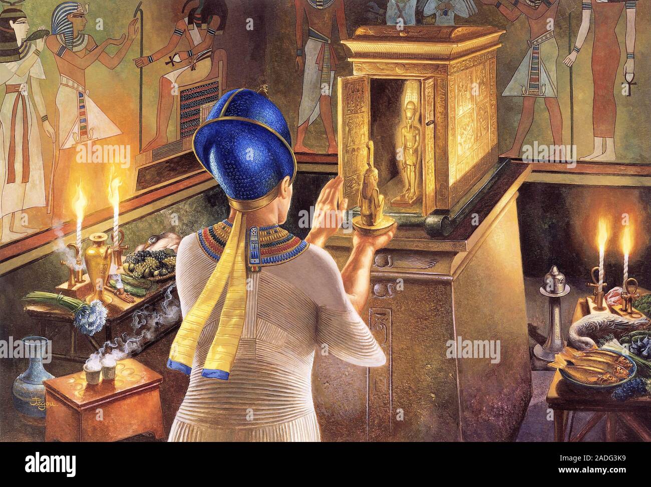 Pharaoh worshipping. Artwork of an ancient Egyptian king praying to the ...