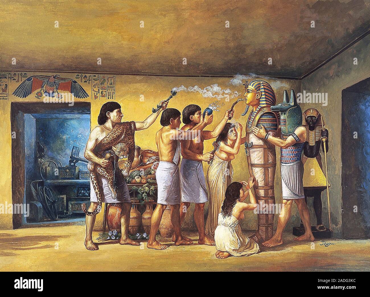 Mummification. Artwork of ancient Egyptians preparing a mummified ...