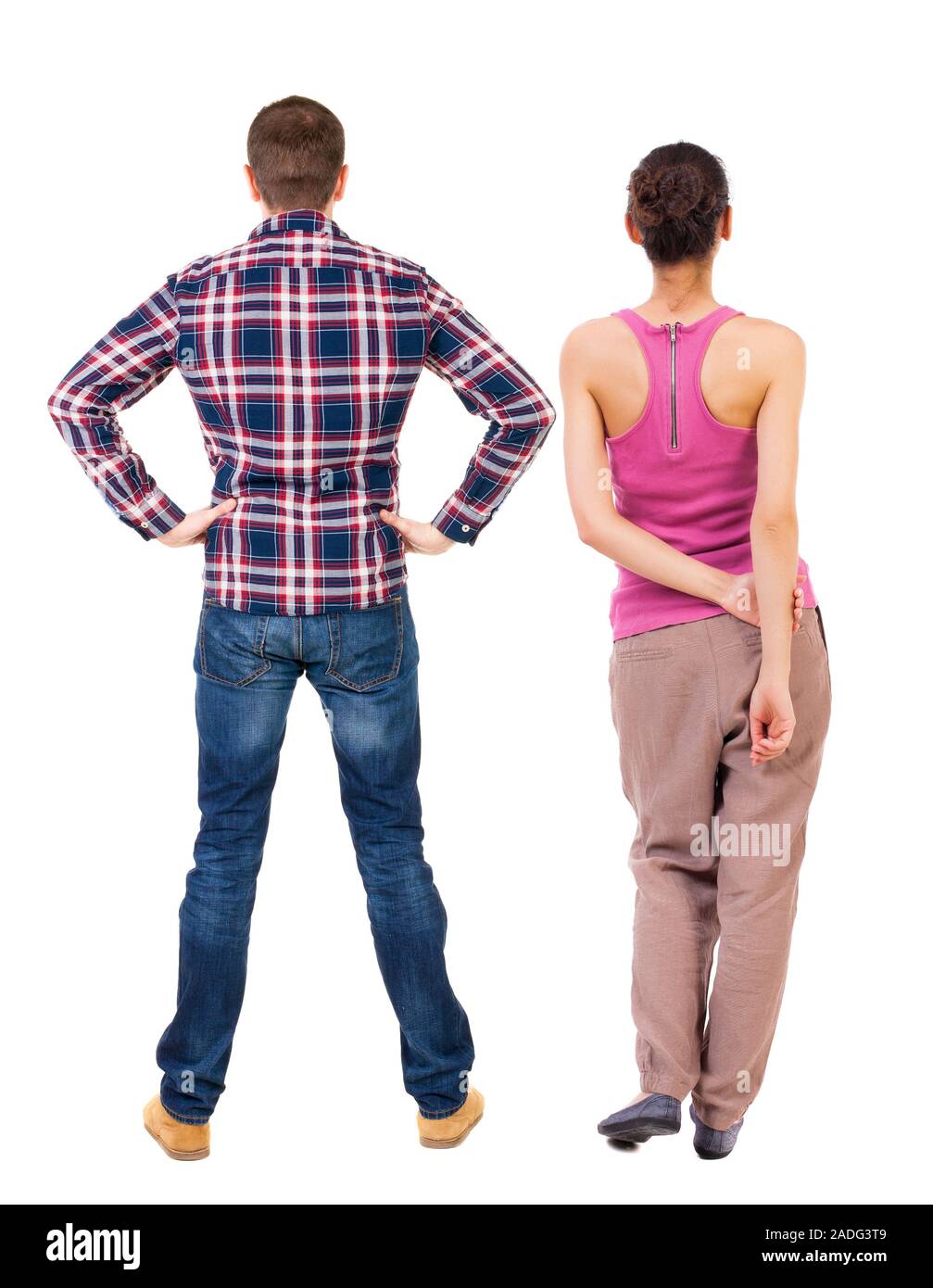 Back view of couple. beautiful friendly girl and guy together. Rear ...
