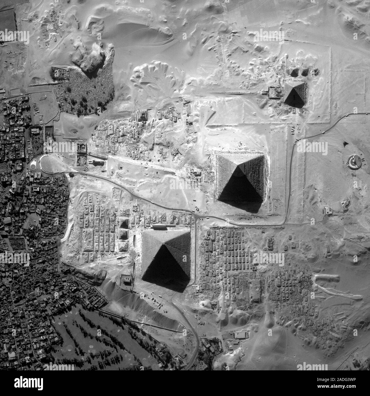Pyramids at Giza. Satellite image of the three pyramids at Giza, in ...
