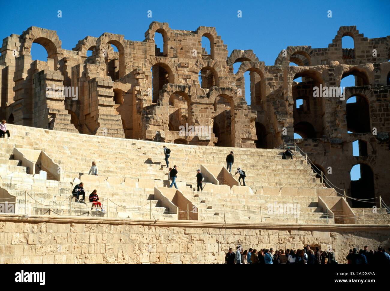Roman amphitheatre at El Djem in Tunisia. Tiers of seating surround the ...