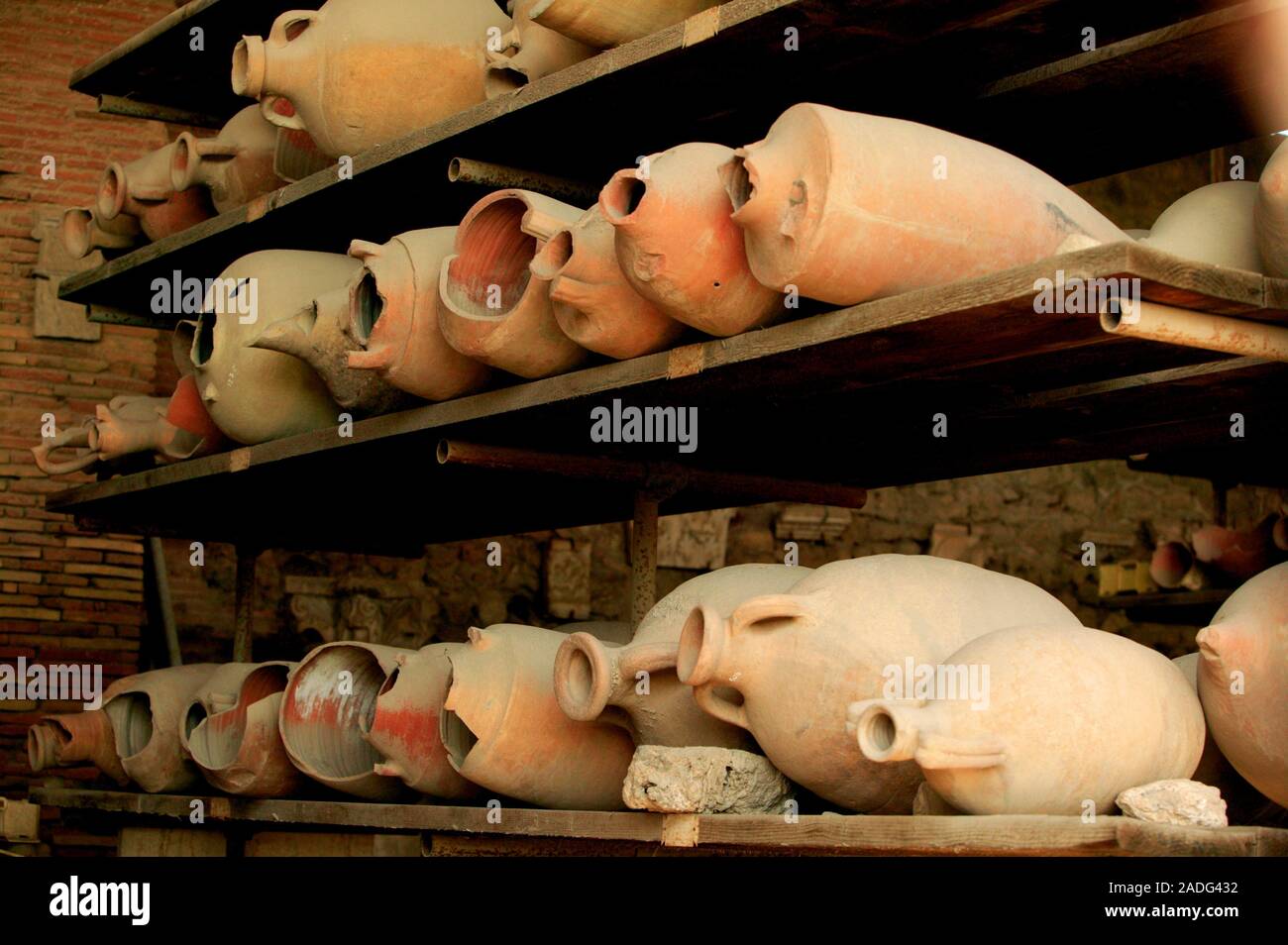 Roman pottery. Excavated pottery in the ancient Roman city of Pompeii ...