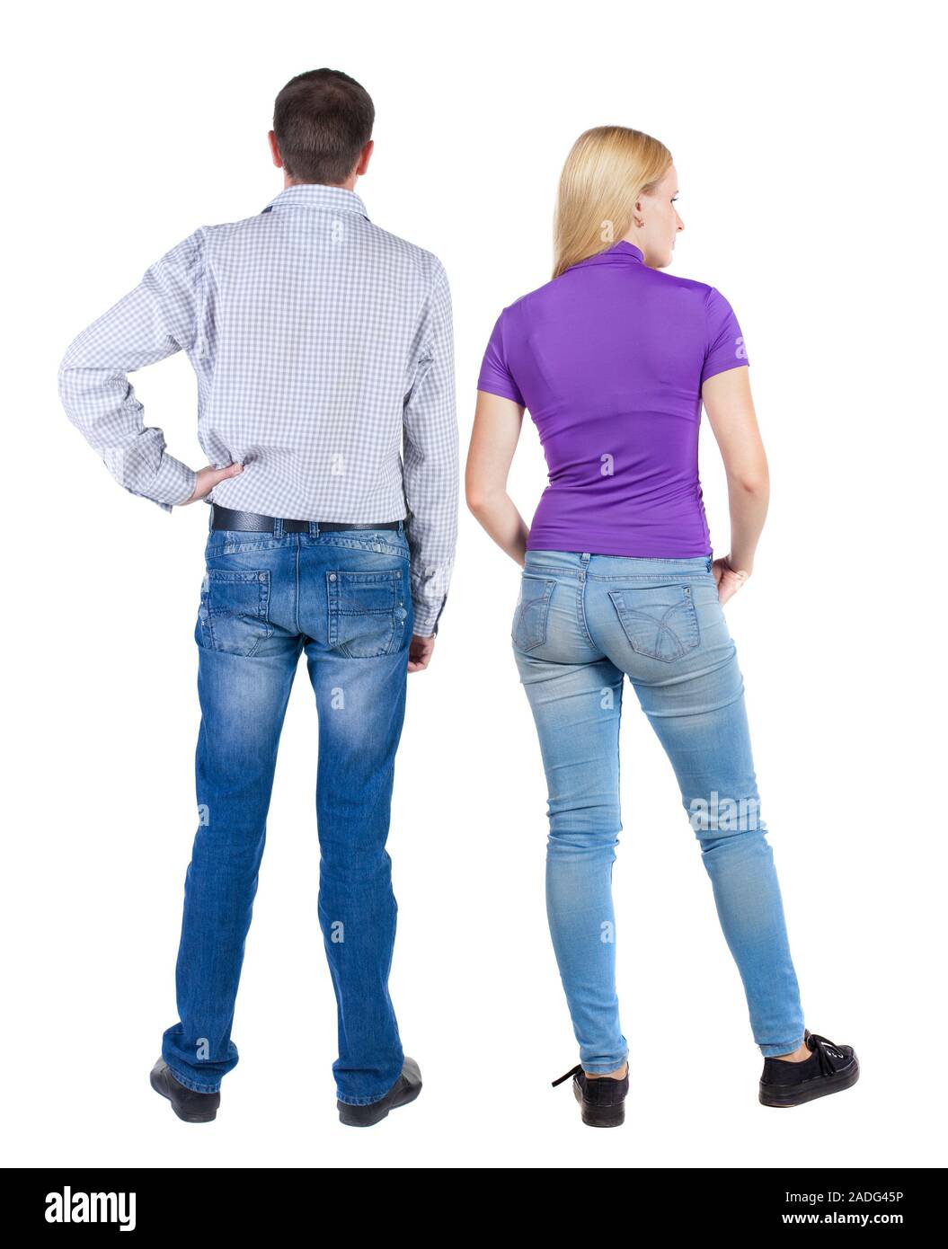 Back view of couple. beautiful friendly girl and guy together. Rear ...