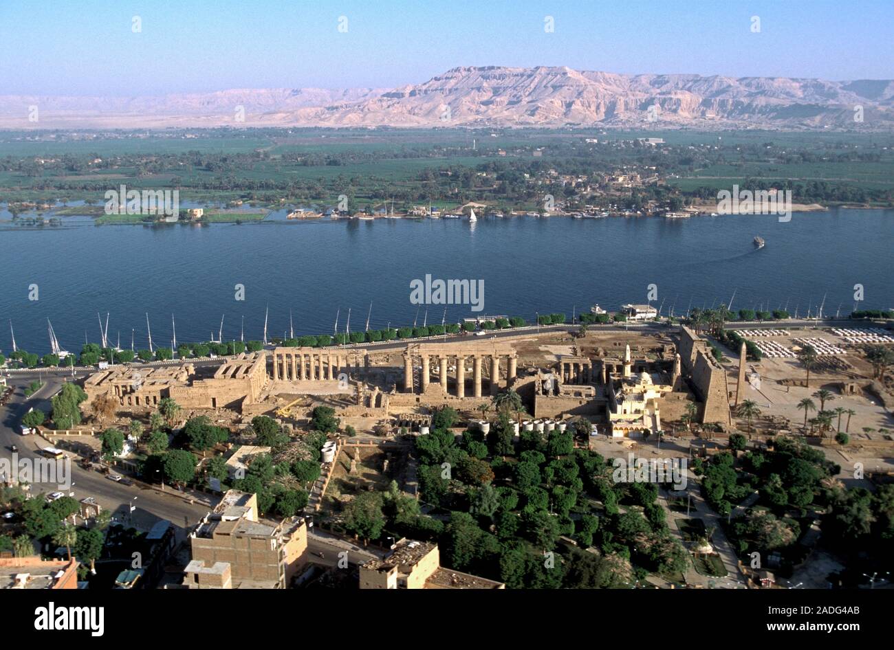 Luxor temple, Egypt. Aerial view of Luxor temple (centre), the river ...