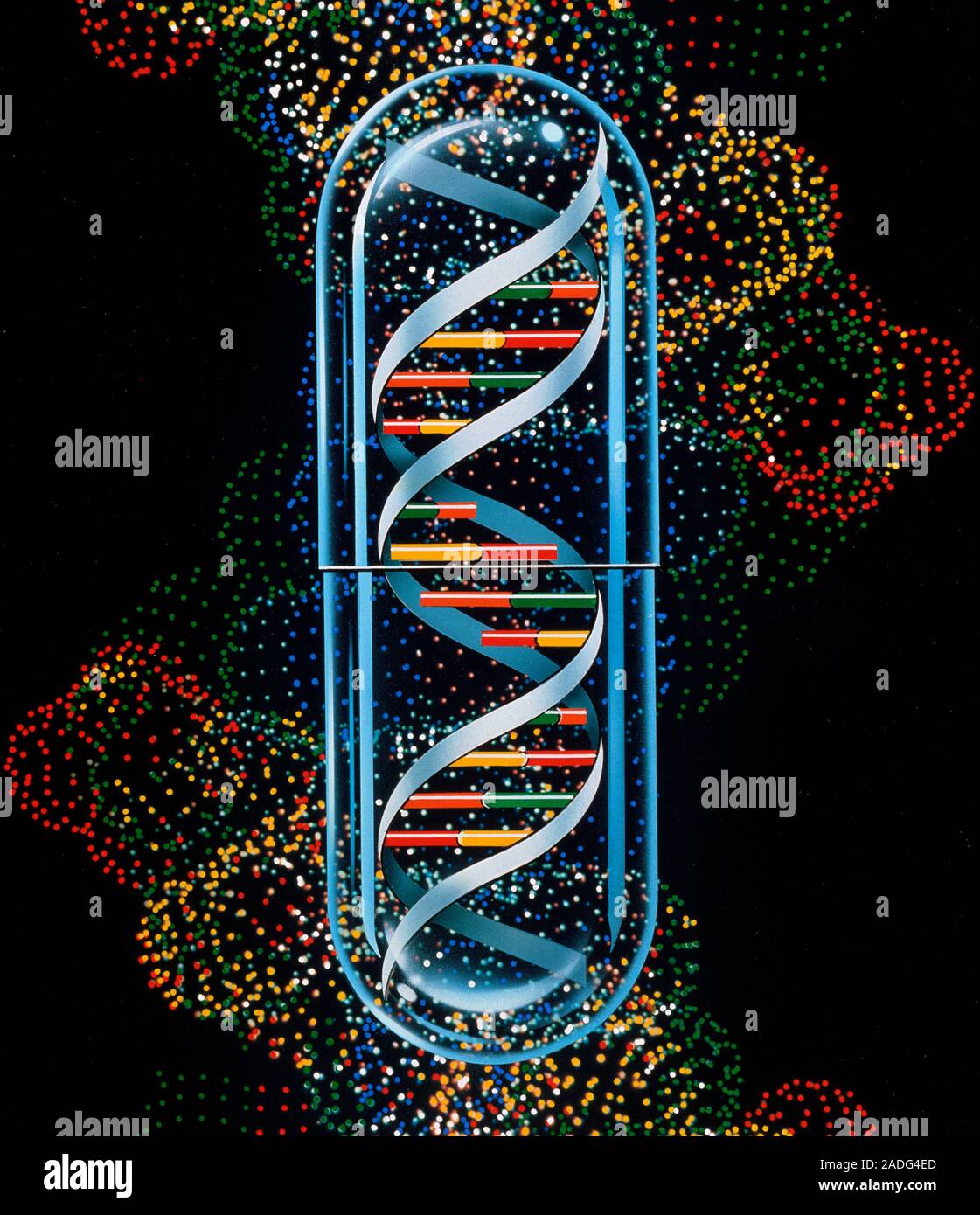 Gene therapy: abstract illustration of a drug capsule filled with a ...