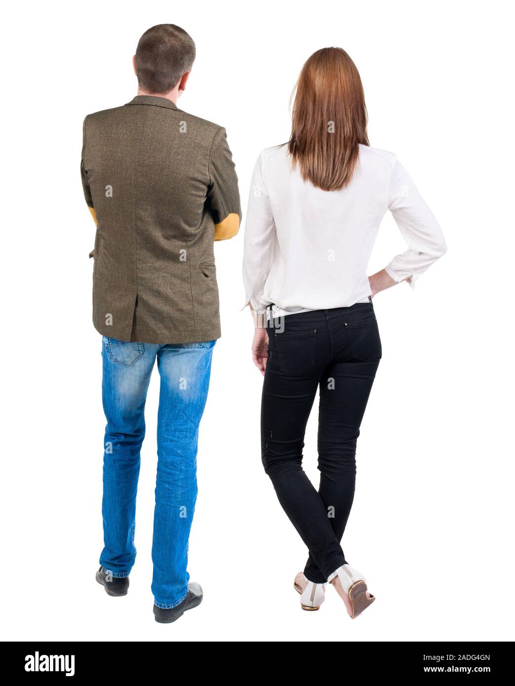 Back view of couple. beautiful friendly girl and guy together. Rear ...