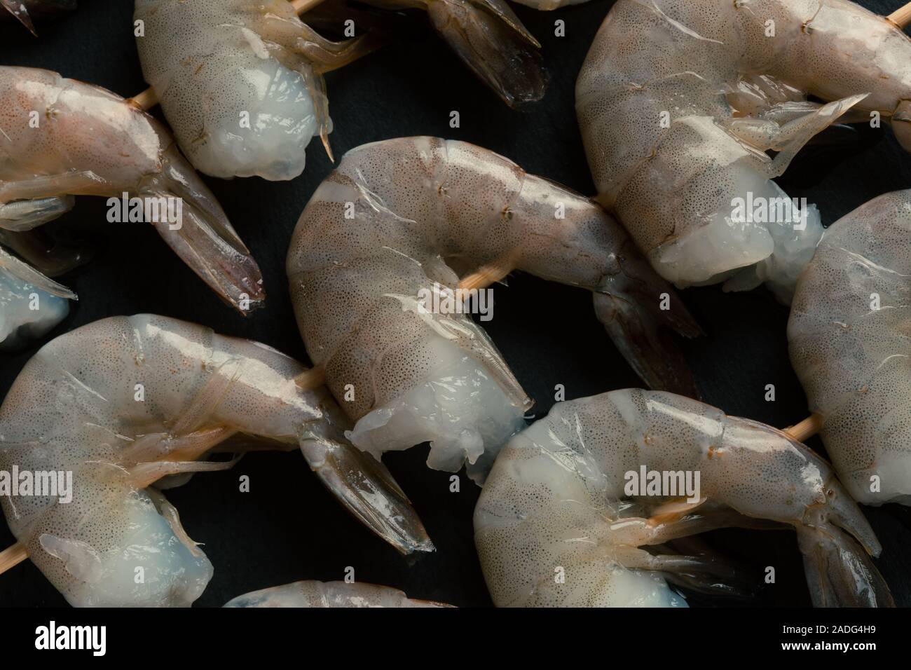Fresh uncooked tiger prawns without heads on the skewers Stock Photo ...