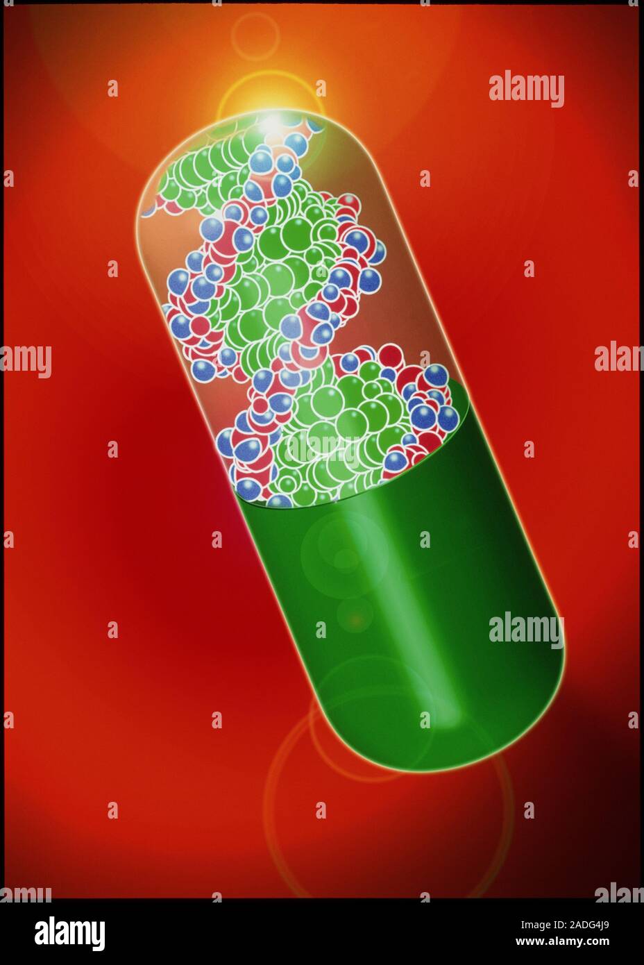 Gene therapy. Abstract artwork of a drug capsule filled with DNA ...