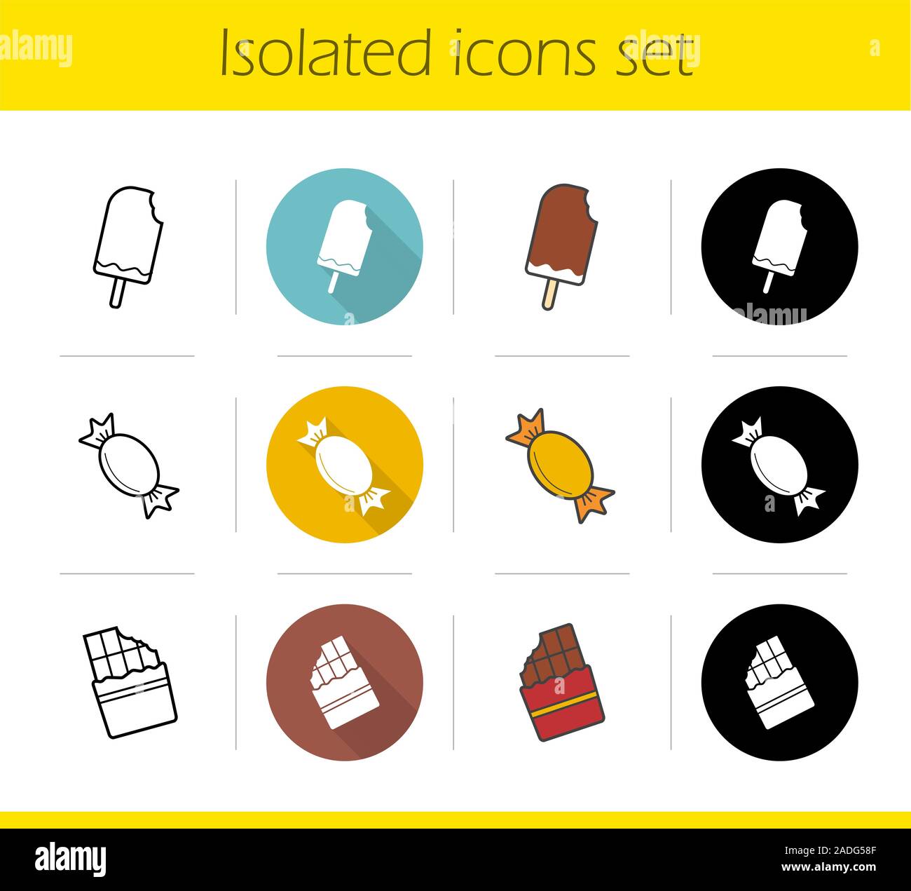 Sweets icons set. Flat design, linear, black and color styles. Ice ...