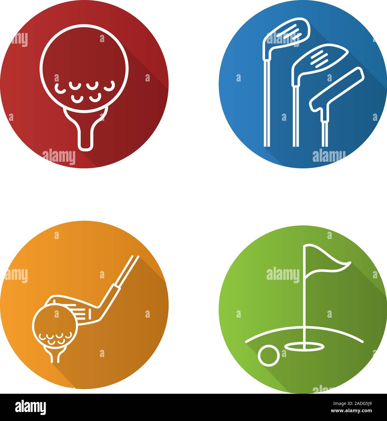 Golf flat linear long shadow icons set. Golf course, clubs, ball on tee ...