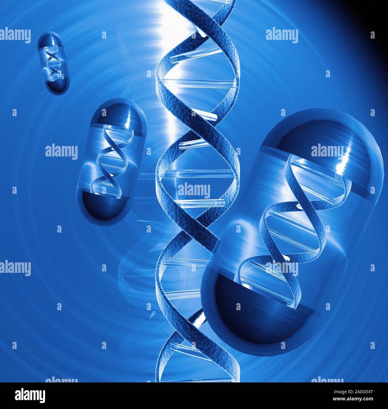 Gene therapy. Conceptual computer artwork of drug capsules filled with ...