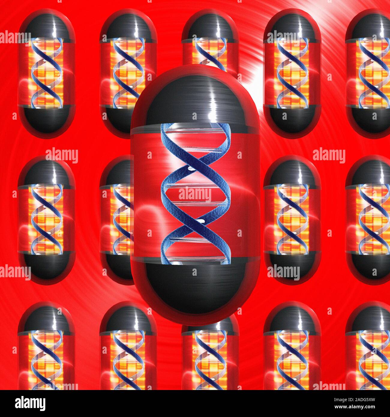 Gene therapy. Conceptual computer artwork of drug capsules filled with ...