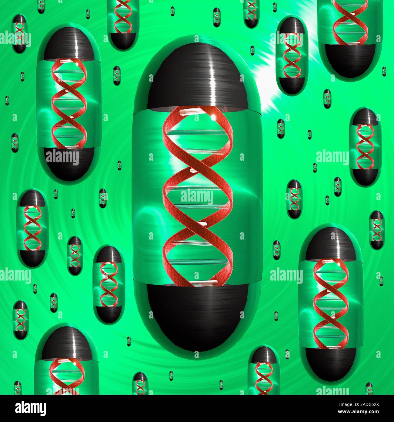 Gene therapy. Conceptual computer artwork of drug capsules filled with ...