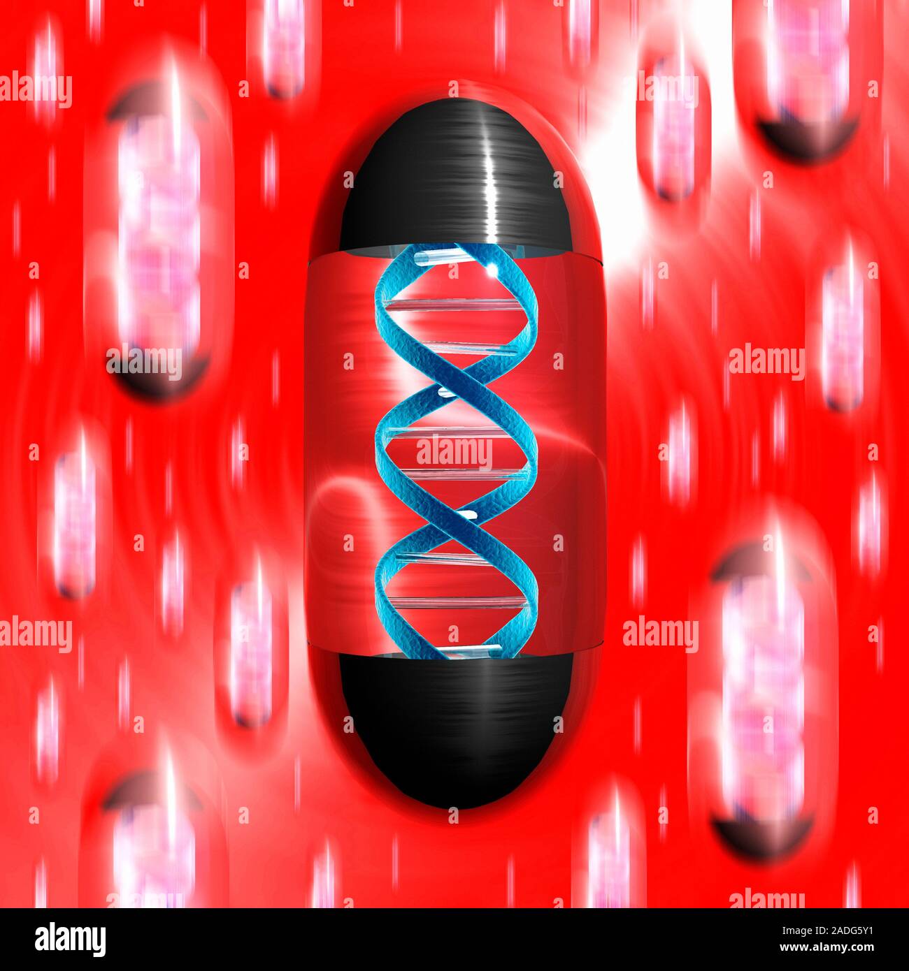 Gene therapy. Conceptual computer artwork of drug capsules filled with ...