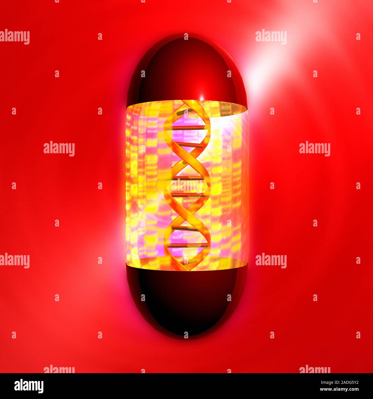 Gene therapy. Conceptual computer artwork of a drug capsule filled with ...