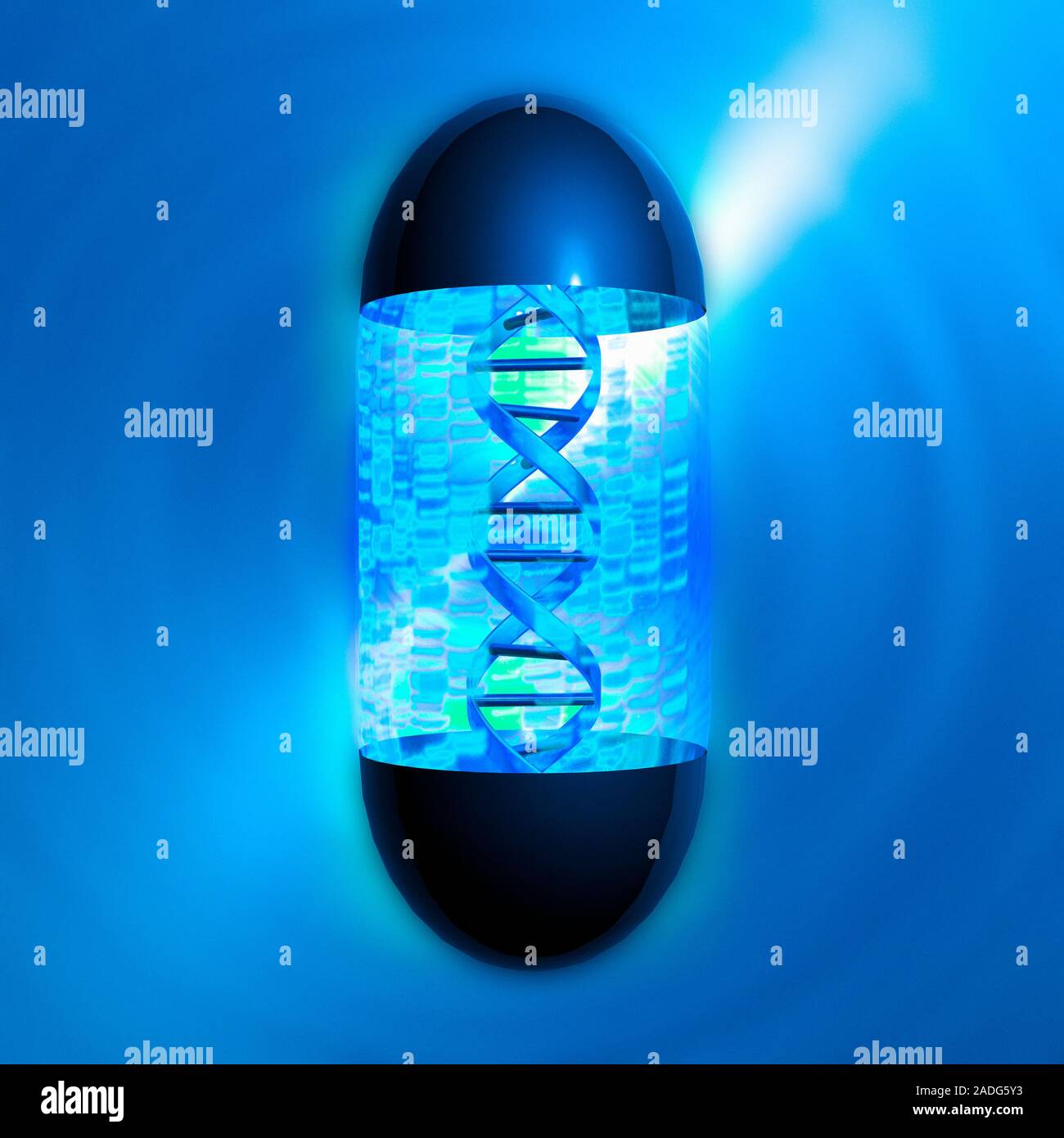 Gene therapy. Conceptual computer artwork of a drug capsule filled with ...