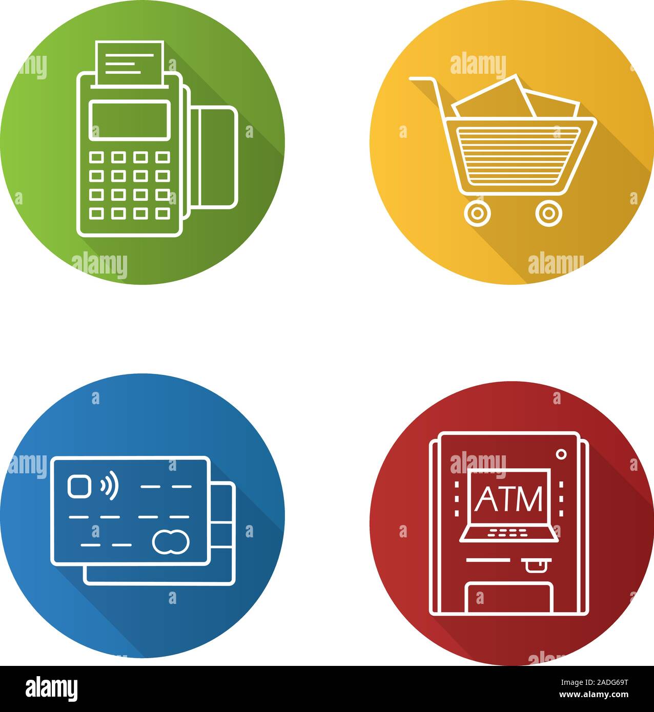 Supermarket flat linear long shadow icons set. Credit cards, pos ...