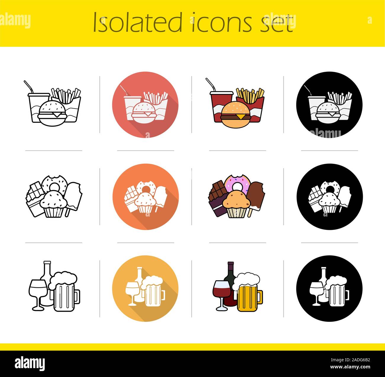 Food categories icons set. Flat design, linear, black and color styles ...