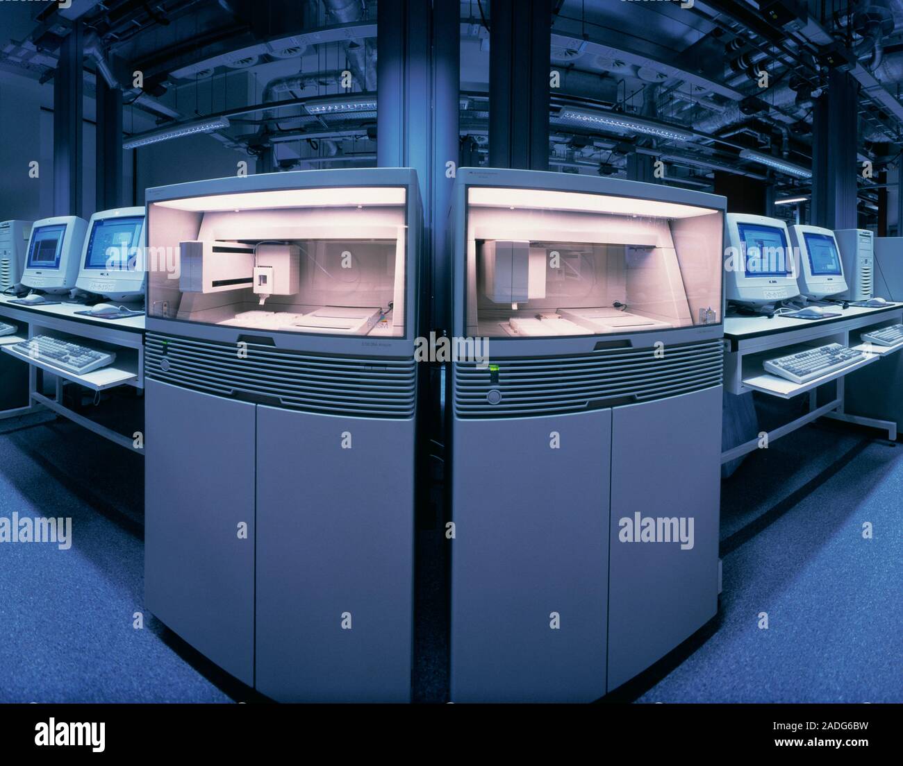 Human genome research. Automated DNA sequencers used for the Human ...