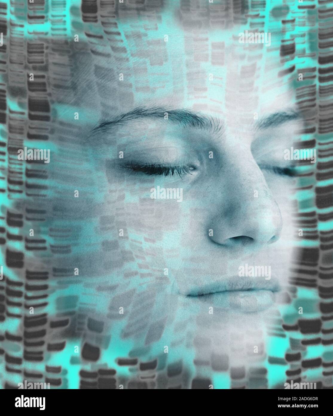 Genetic fingerprint. Conceptual computer artwork of a woman's face with ...