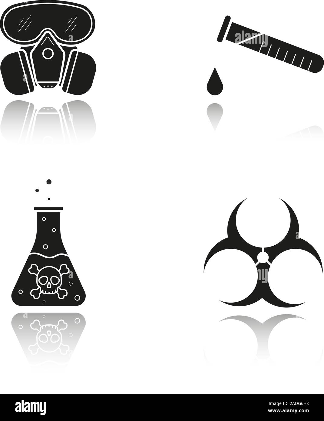 Chemical industry drop shadow black icons set. Gas mask, boiling poison ...