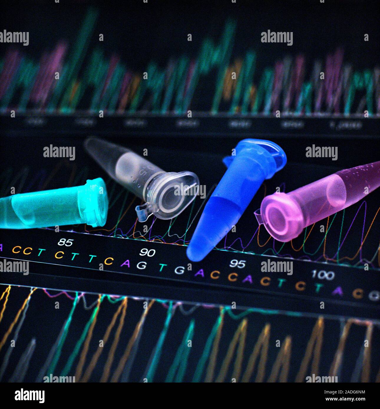 DNA analysis, negative image. Eppendorf tubes containing samples of DNA ...