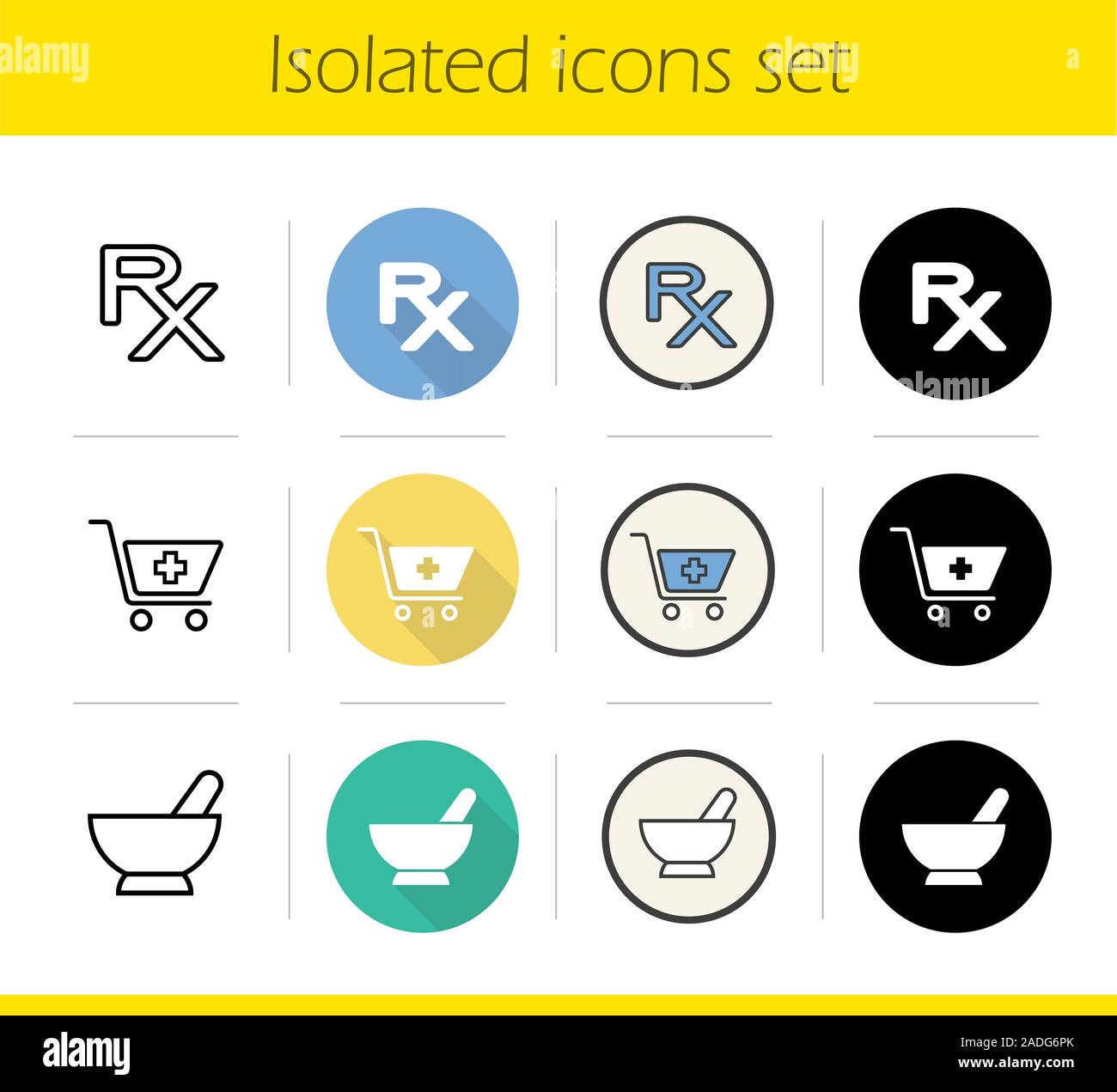 Pharmacy icons set. Flat design, linear, black and color styles ...