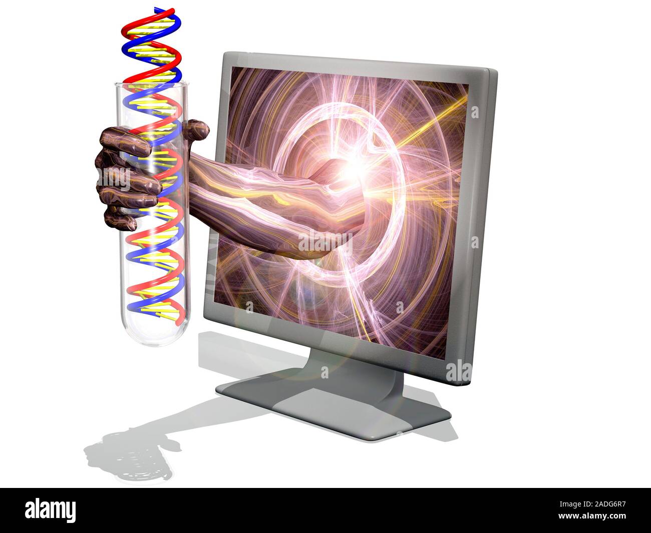 DNA research. Conceptual computer artwork showing an arm emerging from ...