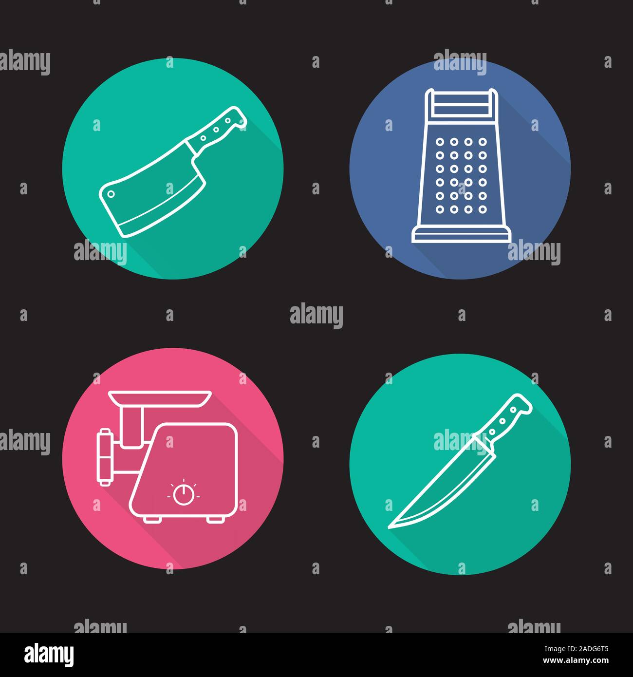 Kitchen equipment flat linear long shadow icons set. Butcher's chopper ...