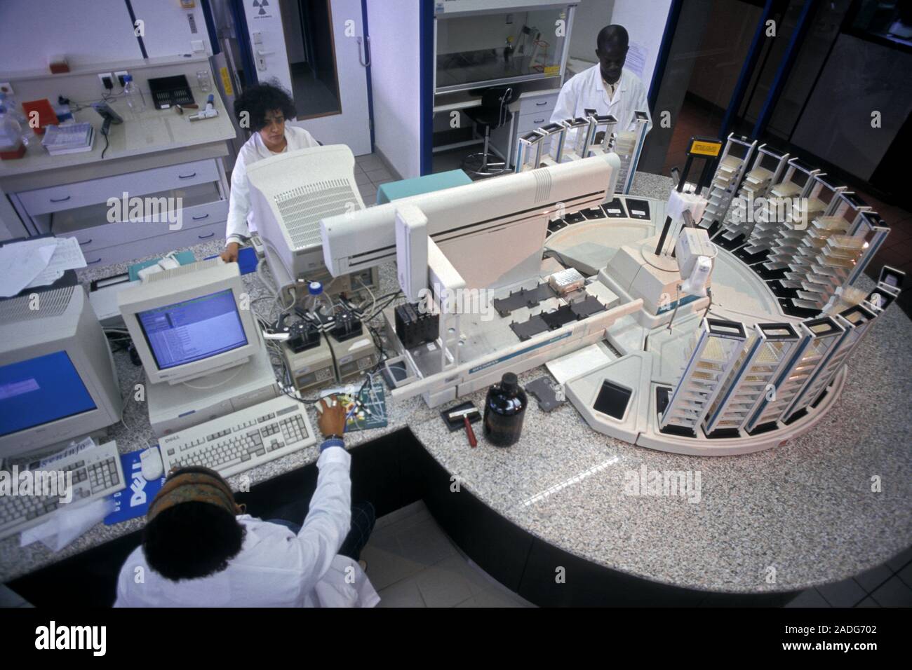 Genetic research. Researchers monitoring DNA amplification. DNA ...
