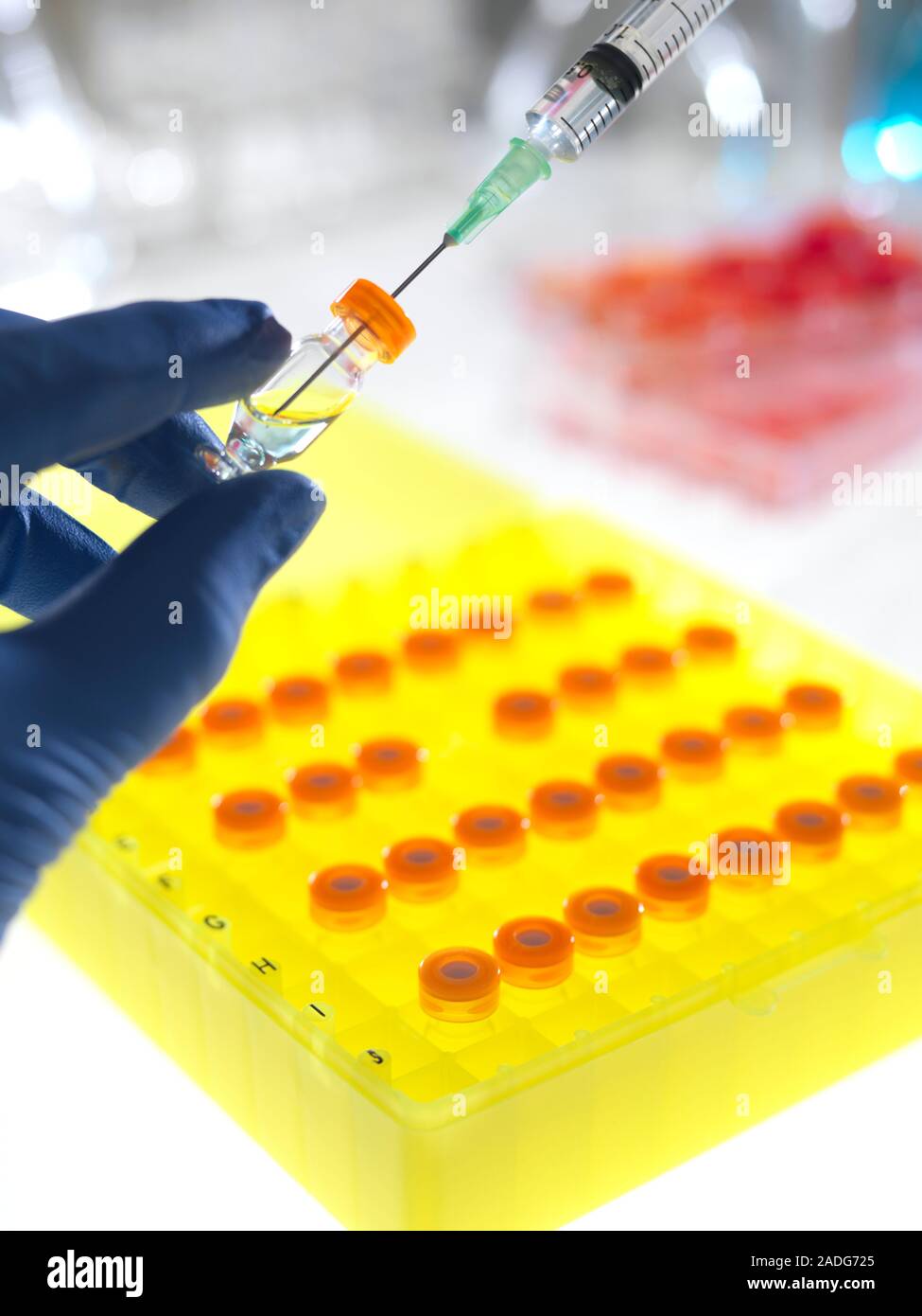 Sample preparation. Scientist using a needle and syringe to inject a ...