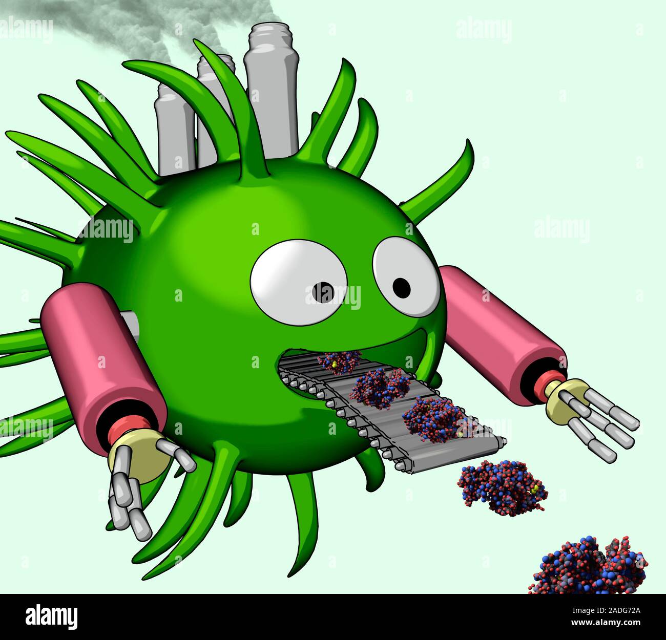 Biofactory, conceptual computer artwork. Cartoon of a factory producing ...