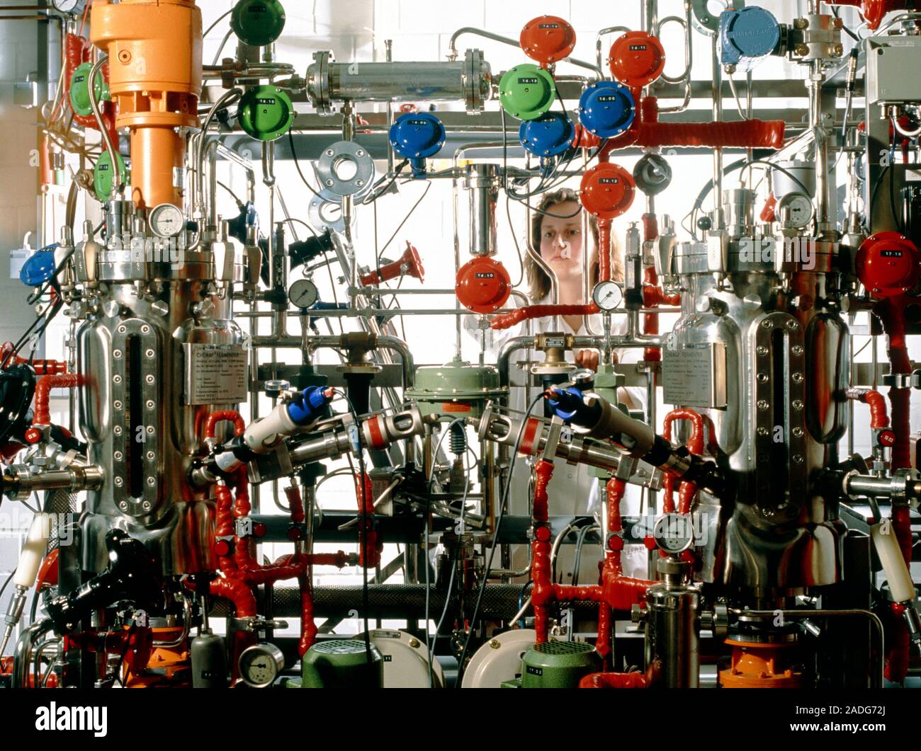 Fermentation unit. Technician at a fermentation unit (bioreactor) which ...