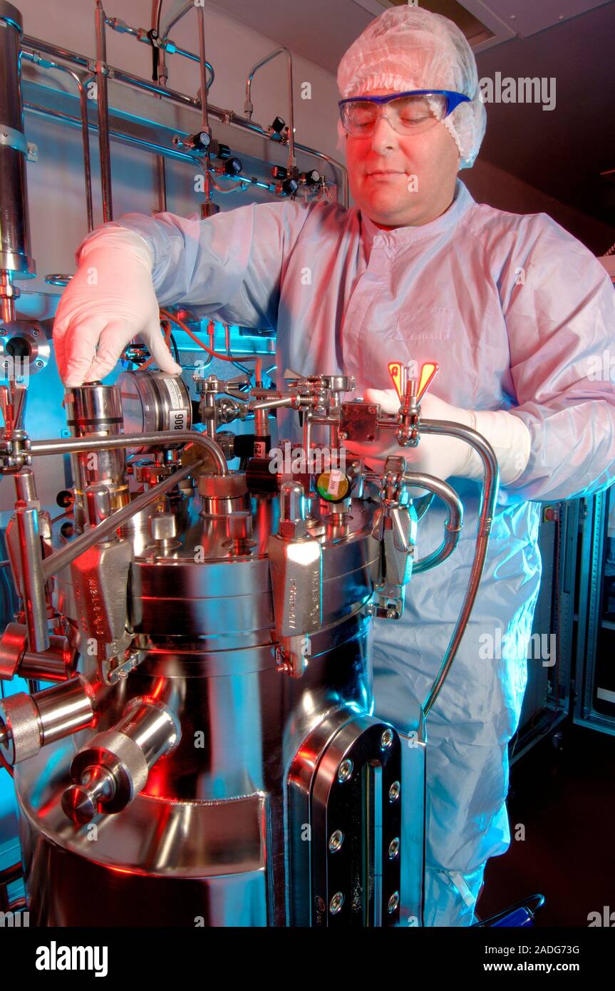 Microbial fermentation. Worker in a clean room suit inspecting a ...