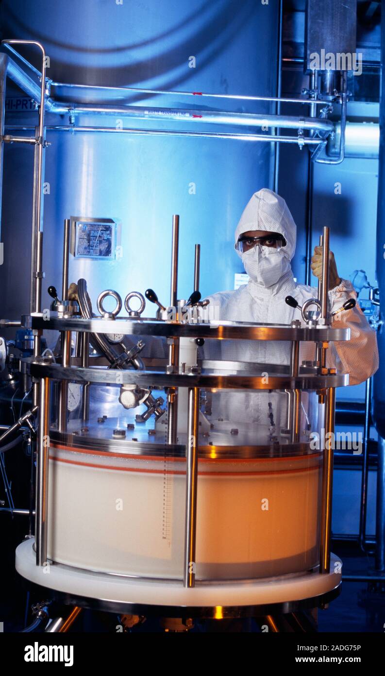 Insulin production. Scientist using an ion- exchange chromatography ...