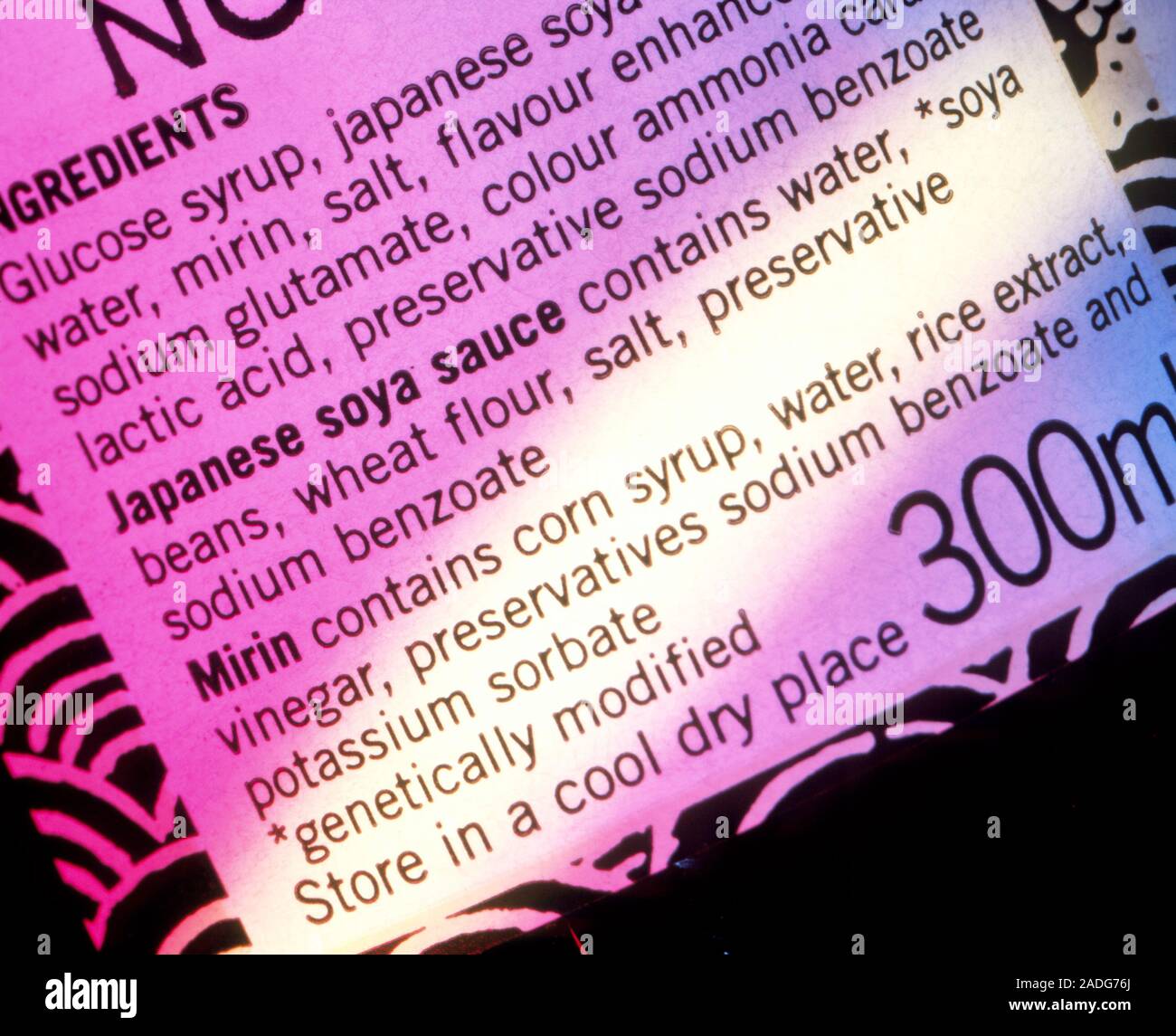 Genetically modified food ingredients. View of a list of ingredients ...