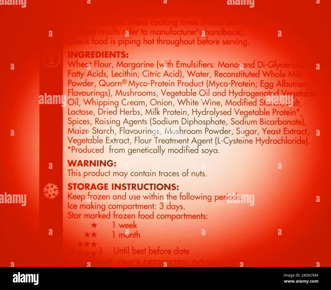Genetically modified food ingredients. View of a list of ingredients ...